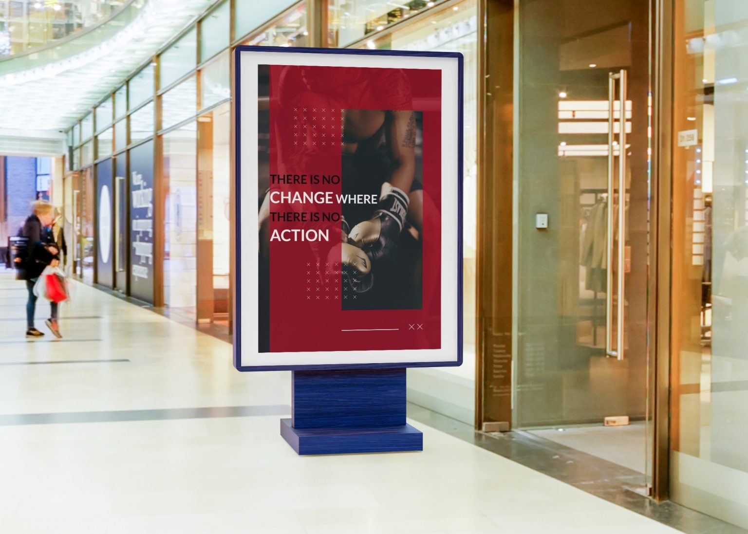 Poster Stand Mockup outside Shopping Store | Mediamodifier