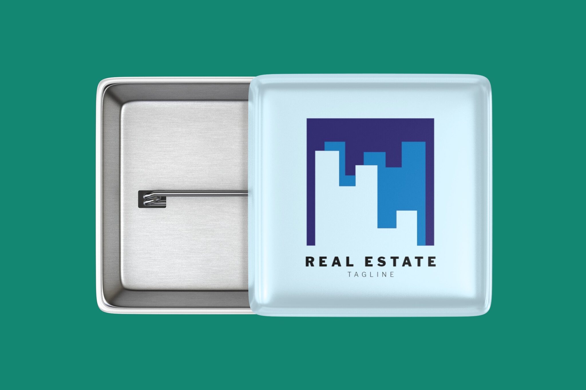 Logo Design in Square Pin Badge Mockup | Mediamodifier