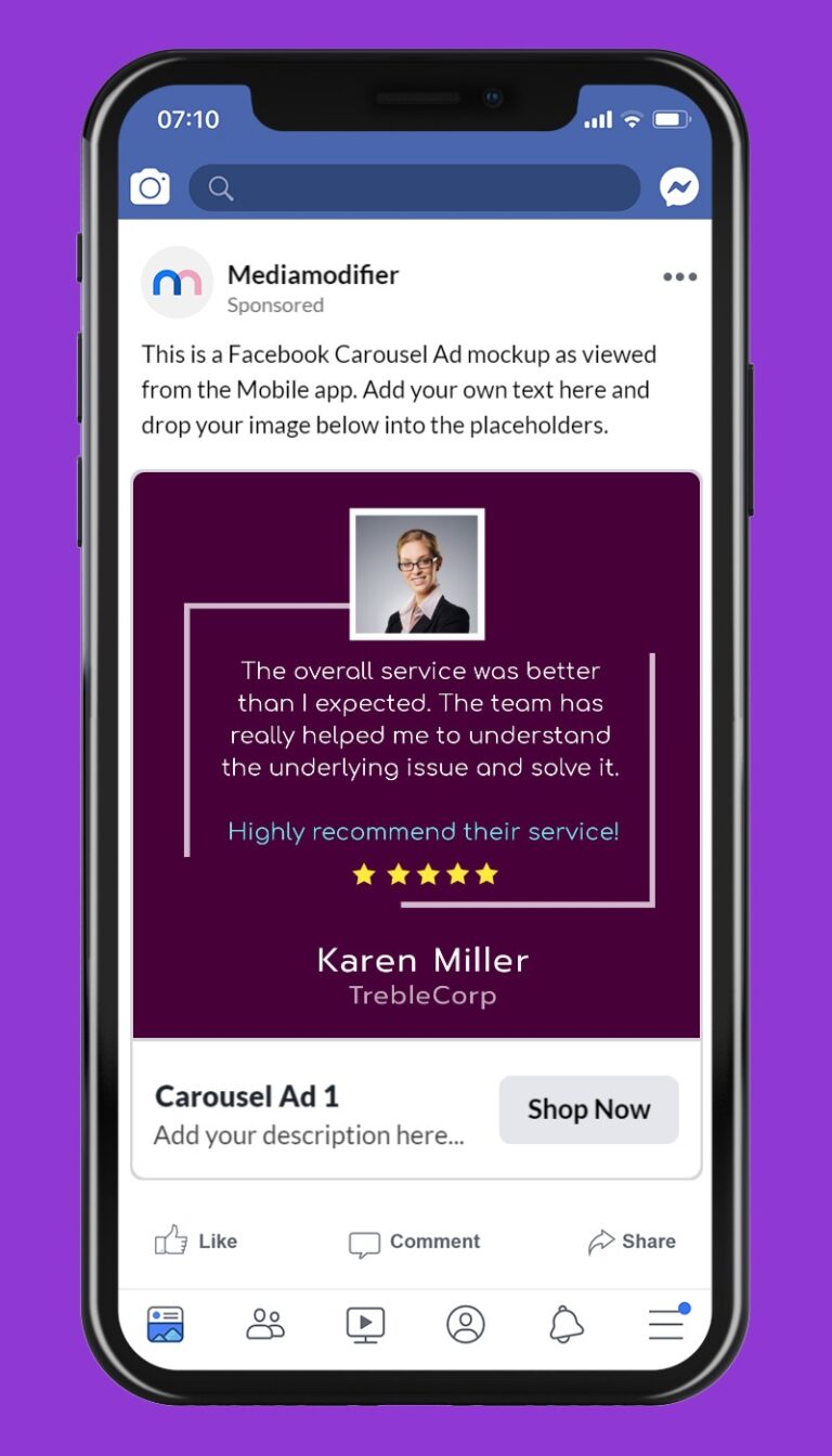 Review Template Design in a Facebook Carousel Mockup | Mediamodifier