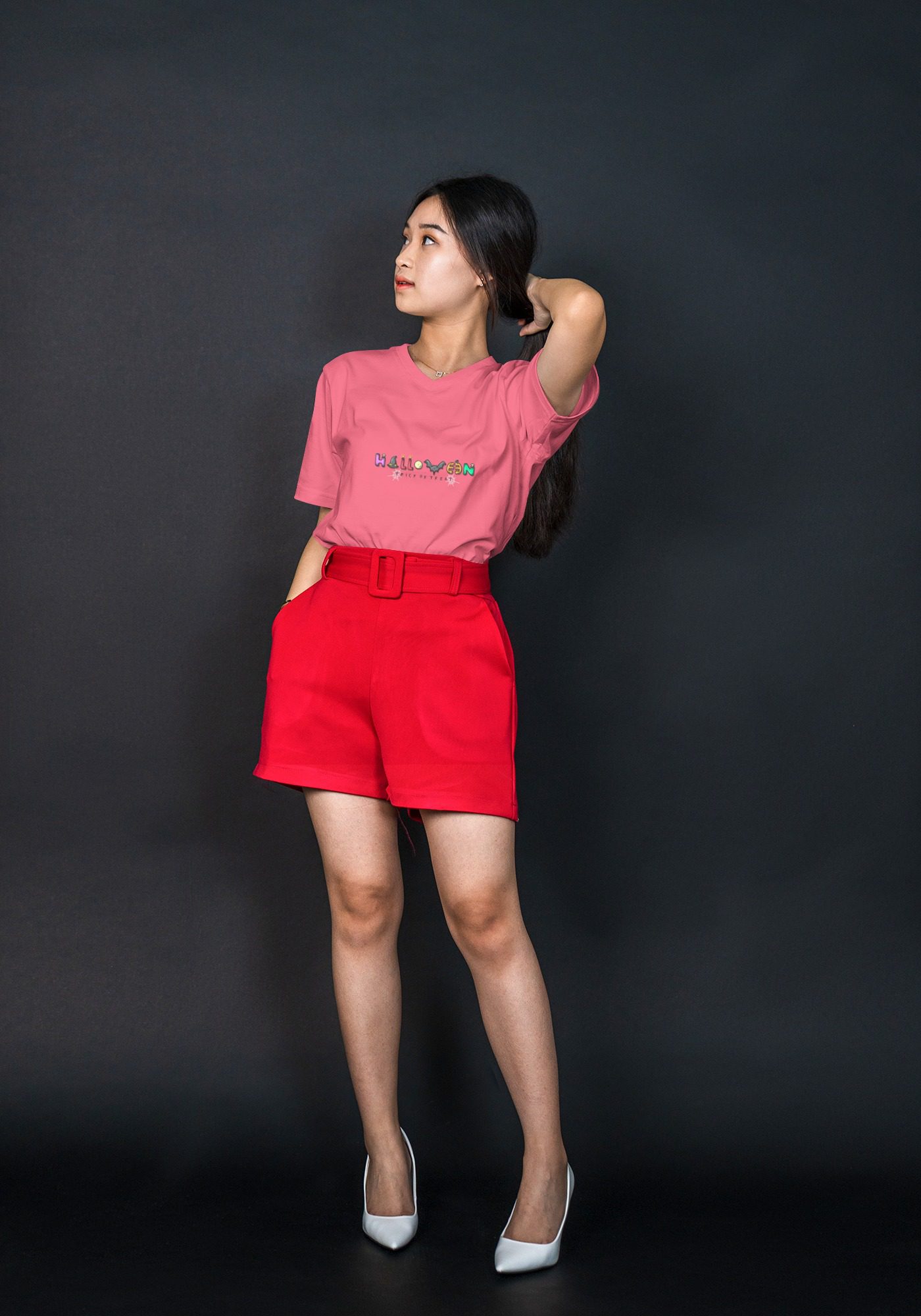 Photoshop Mockup of V-Neck Shirt Worn by a Girl | Mediamodifier