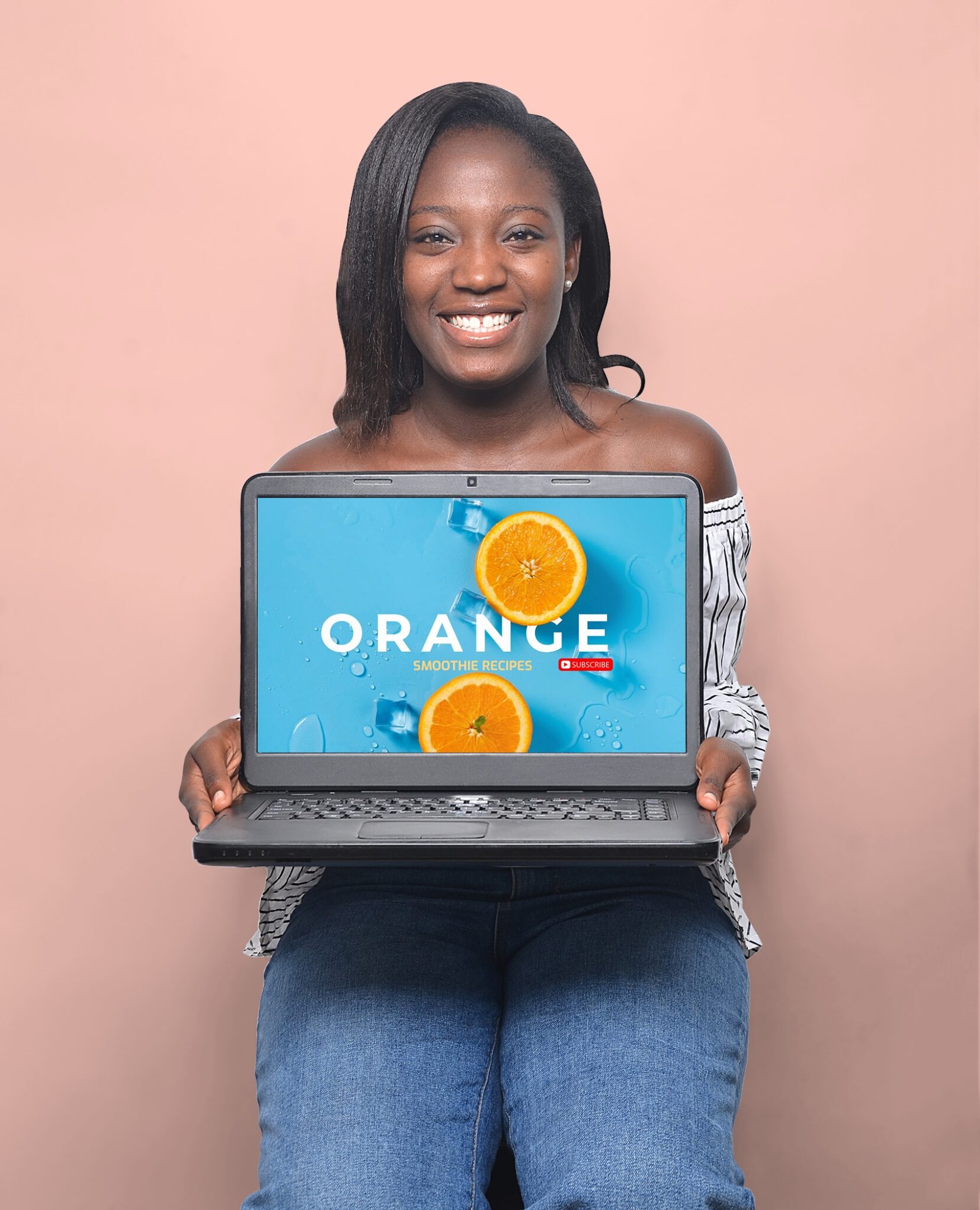 Photoshop Mockup of Smiling Woman Presenting Laptop | Mediamodifier