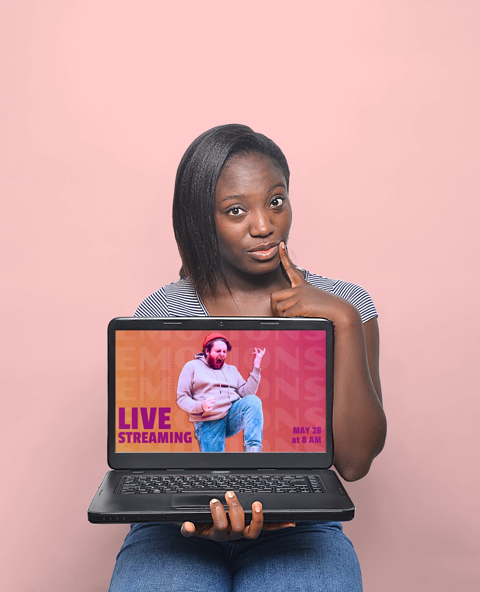 Photoshop Mockup of Woman Thinking and Holding a Laptop | Mediamodifier