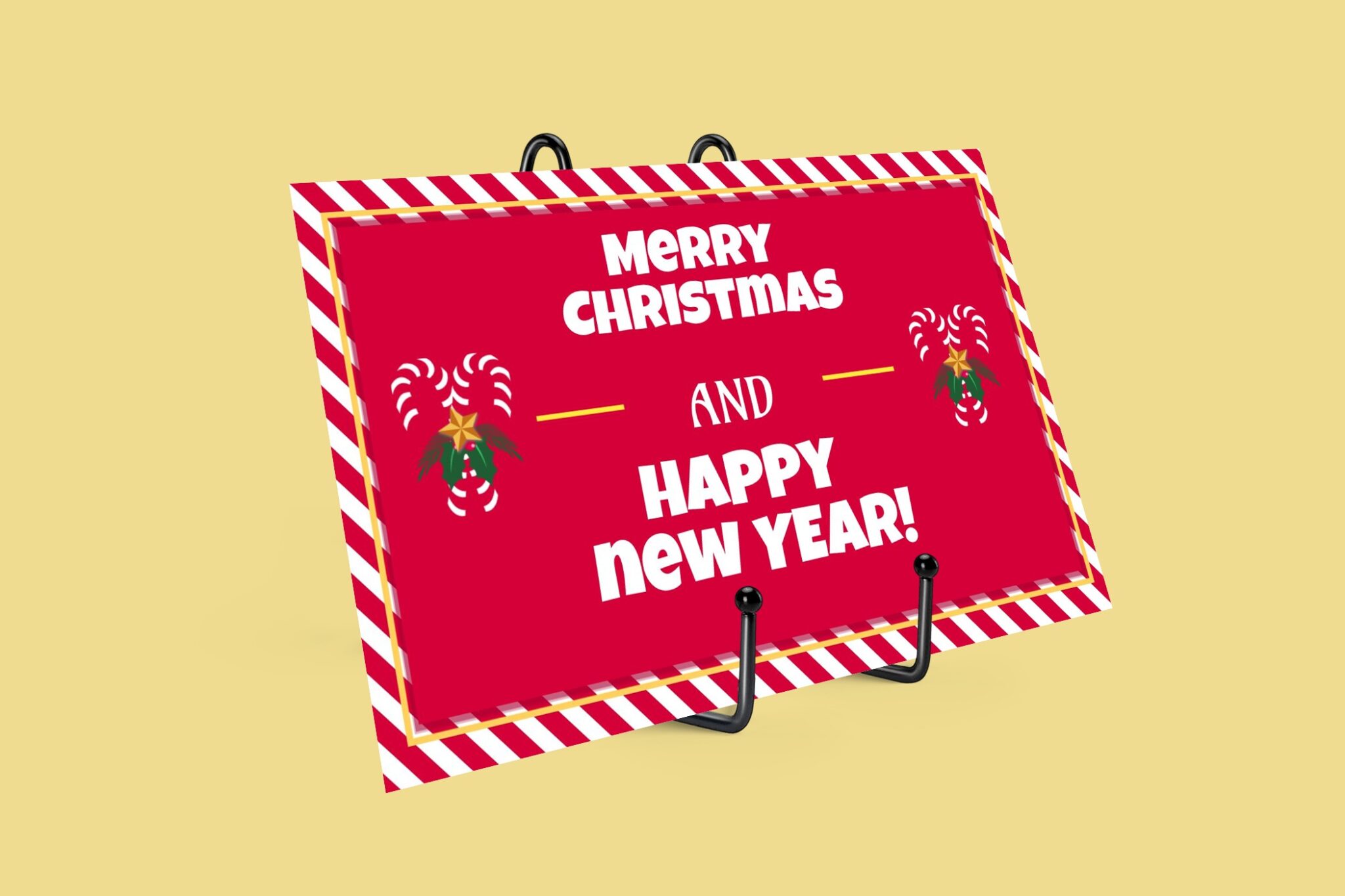 Landscape Card Mockup on Metal Stand with Christmas Design | Mediamodifier