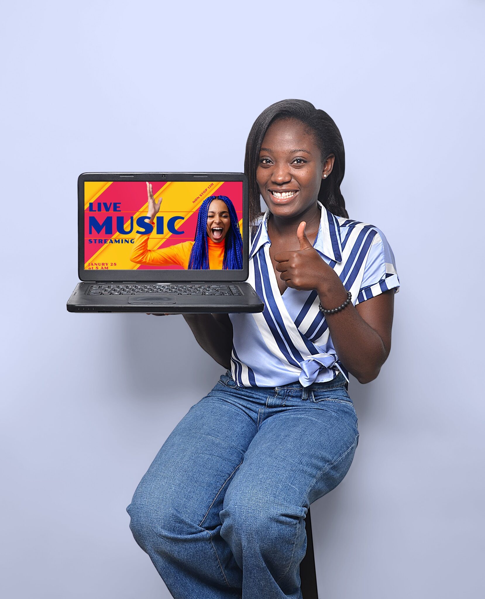 Photoshop Mockup of Woman Presenting Laptop and Showing Thumbs Up ...
