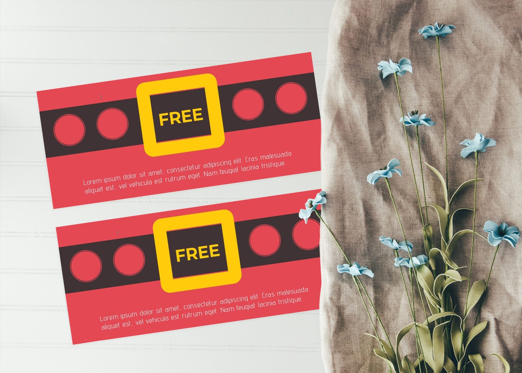 Photoshop Mockup of Voucher Tickets on Real Desk | Mediamodifier