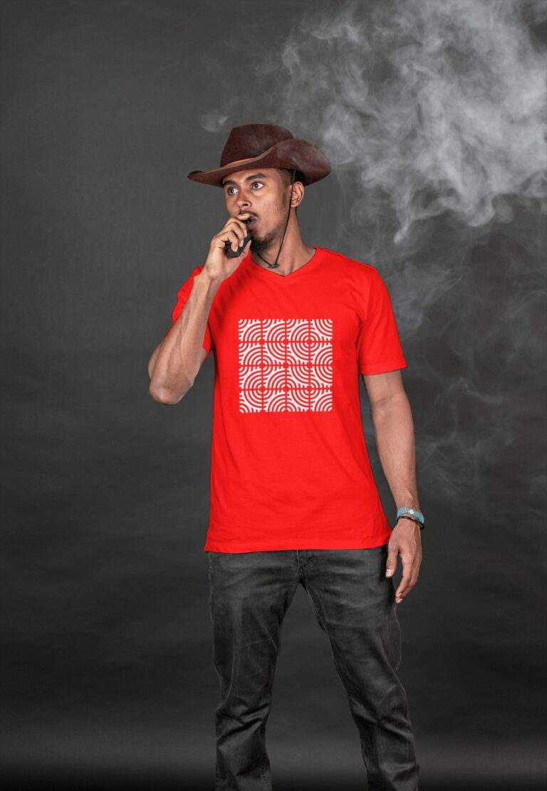 T Shirt Design Mockup with a Vaping Man | Mediamodifier