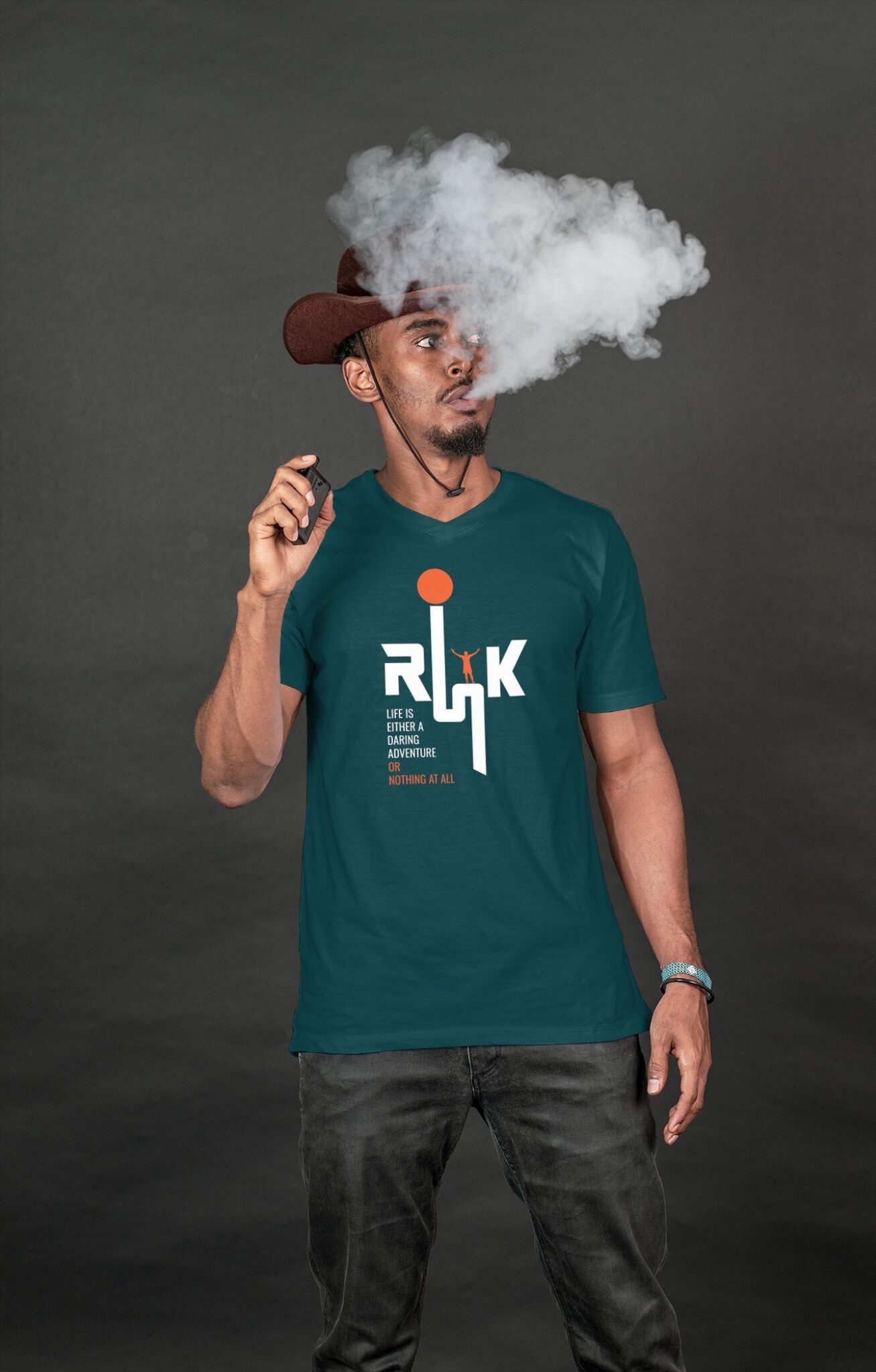 T Shirt Design Mockup on a Man with Vaping Machine | Mediamodifier