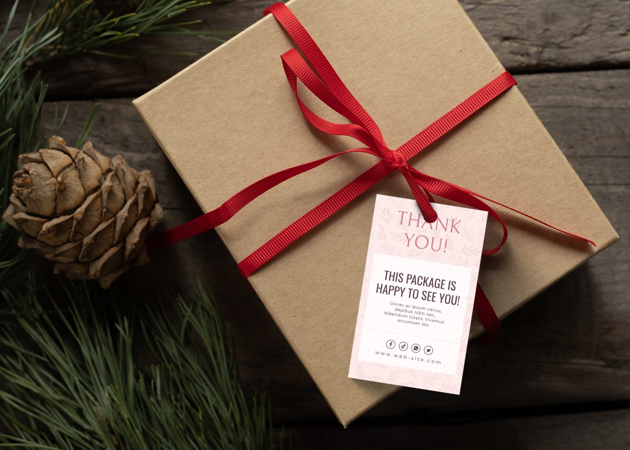 Gift Tag Design in Cardboard Box with Red Ribbon | Mediamodifier