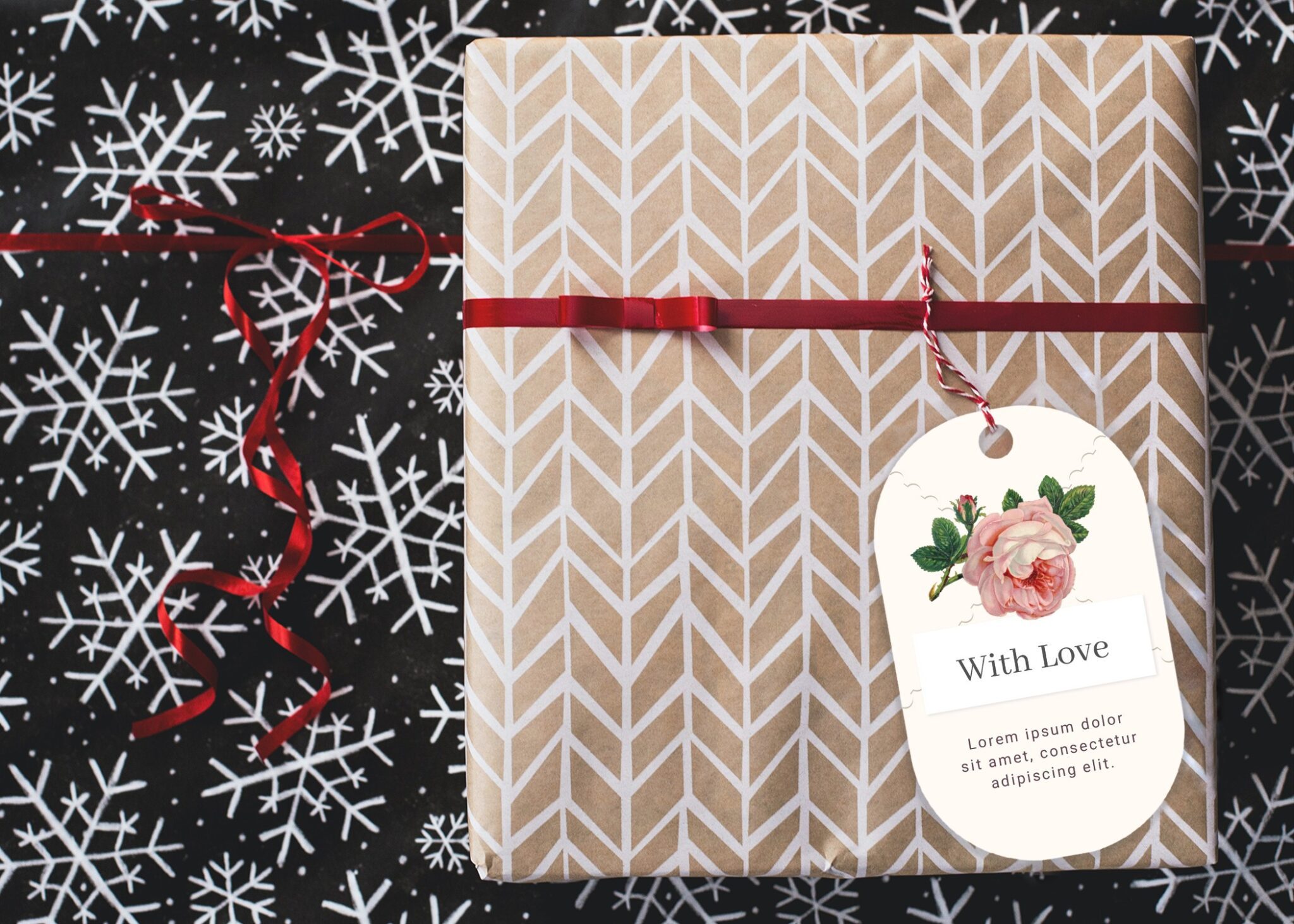 Gift Tag Design in Wrapped Gift Box with Red Ribbon | Mediamodifier