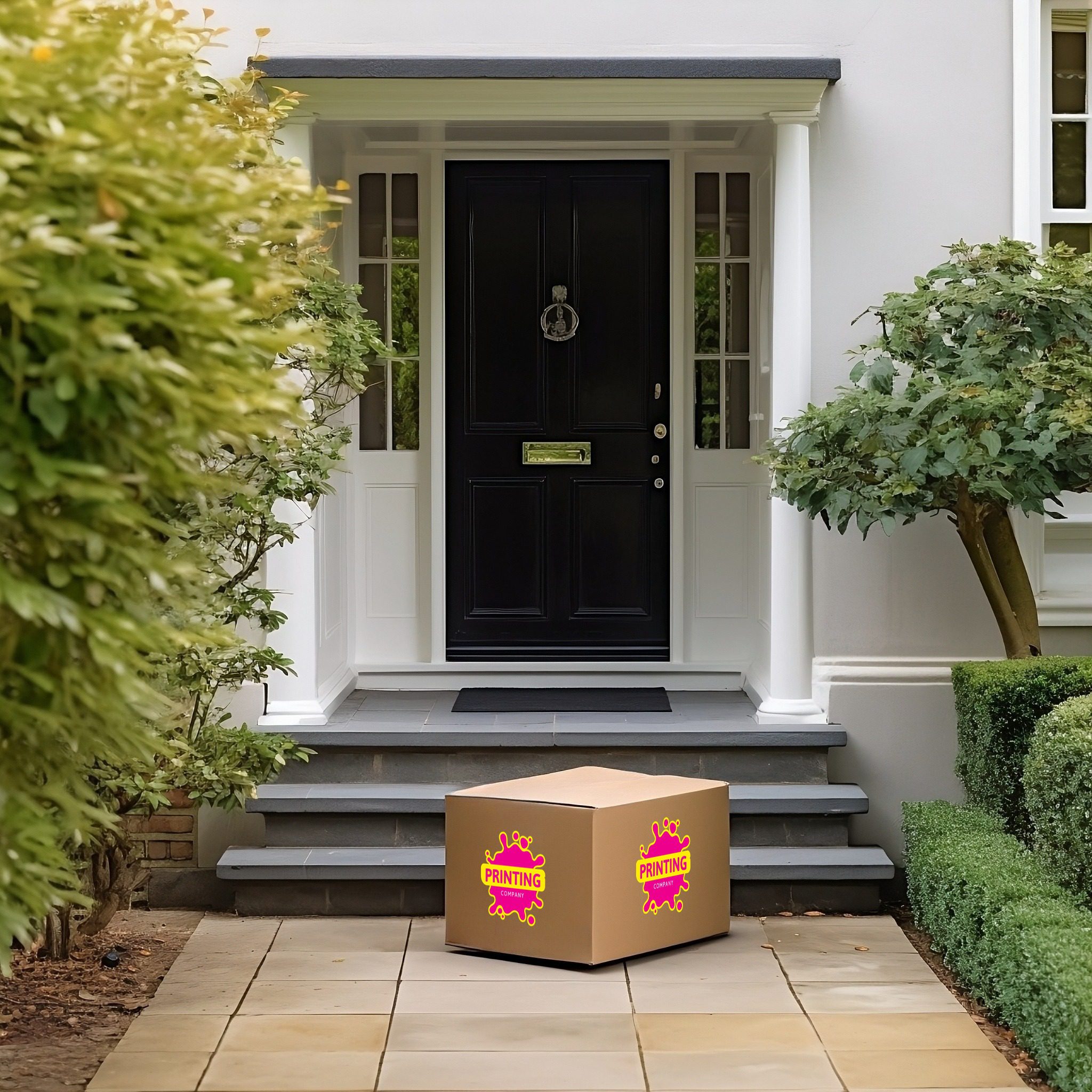 Logo Design Preview in a Delivery Box in Front Of a House Doorstep ...