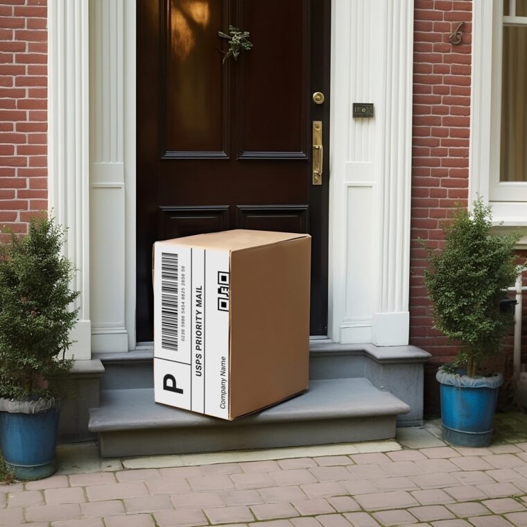 Mockup Preview of Delivery Box on House Doorstep | Mediamodifier