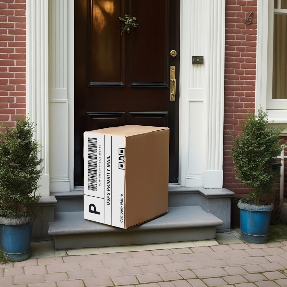 Mockup Preview of Delivery Box on House Doorstep | Mediamodifier