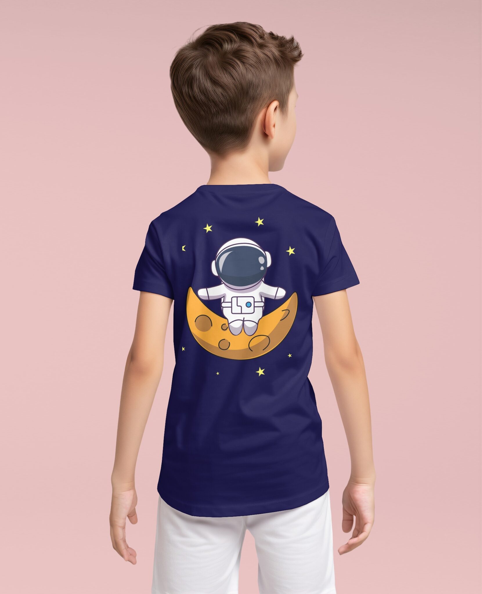 Space Design on Back View of Round Collar T-Shirt Mockup for Kids ...