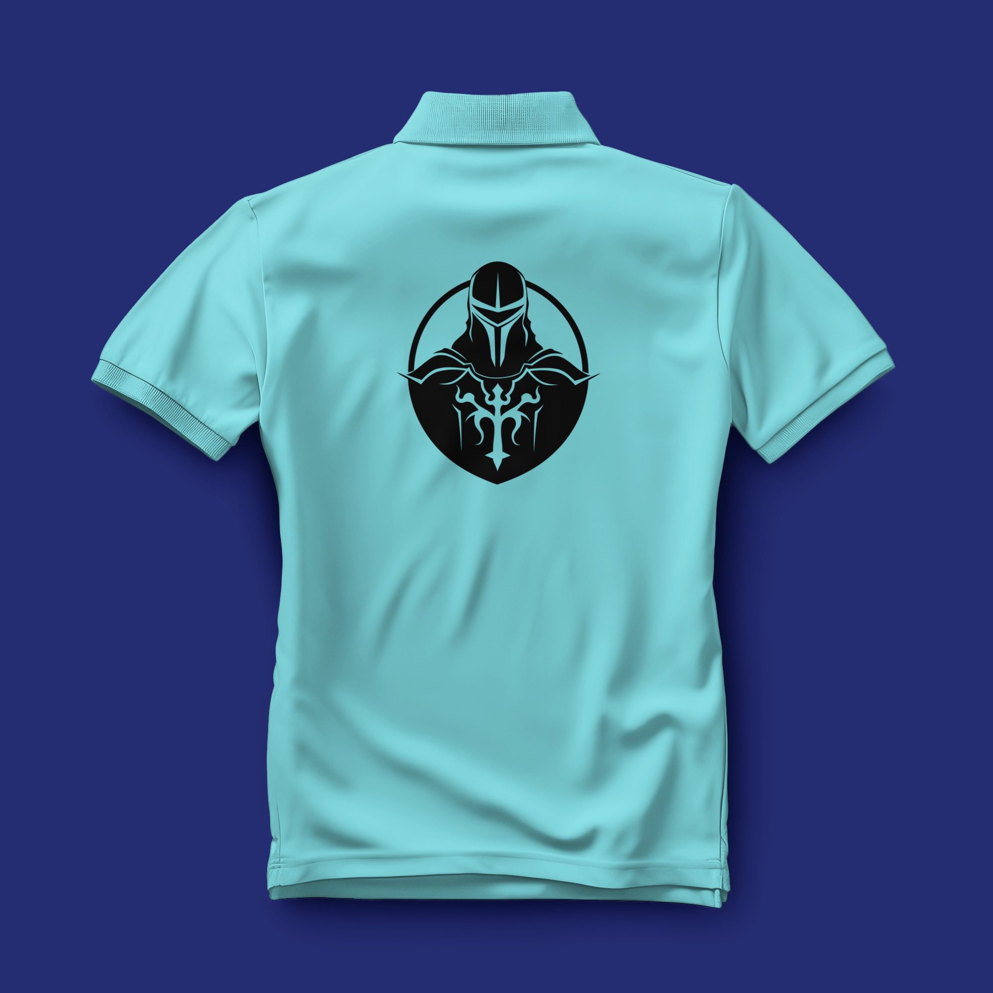 Warrior T-Shirt Design on Back View of Polo T-Shirt Mockup | Mediamodifier